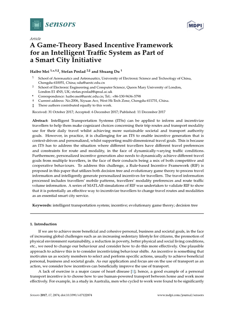 A Gametheory Based Incentive Framework For An Intelligent Traffic System As Part Of A Smart City 