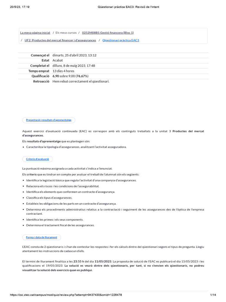 Qüestionari Pràctica EAC3 - Revisió de L'intent | PDF