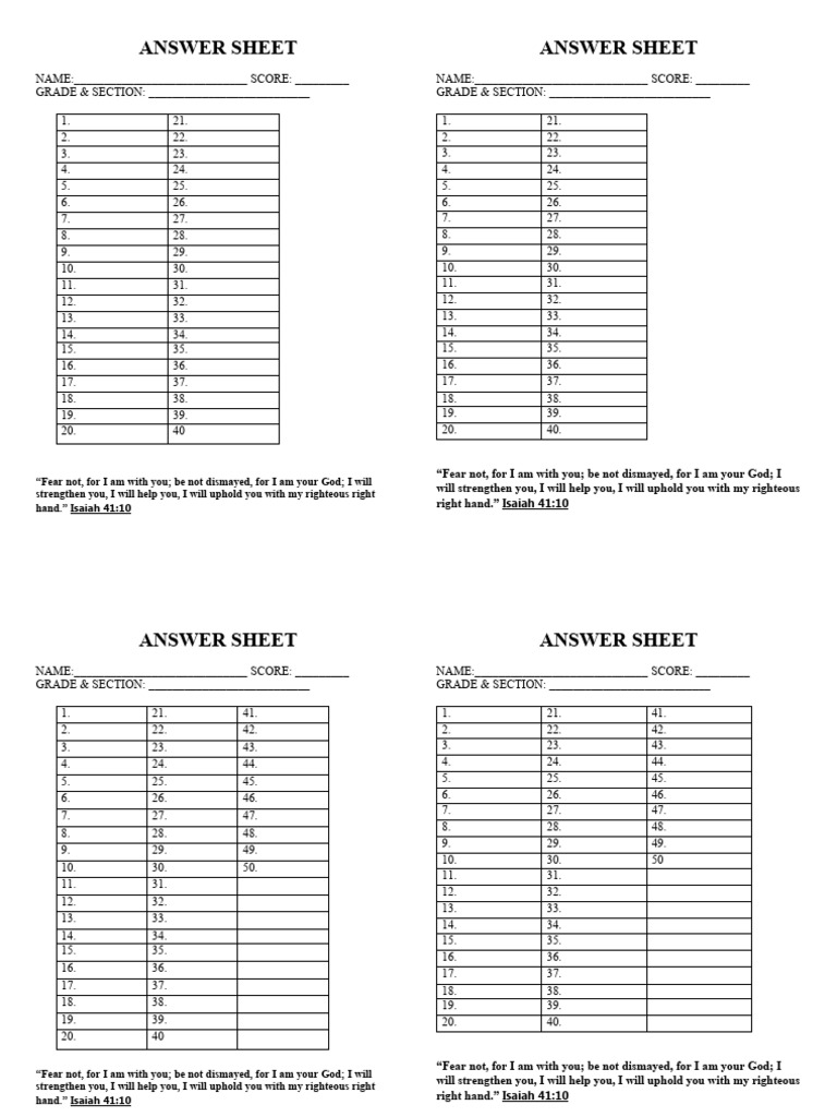 ANSWER SHEET | PDF | Books Of The Hebrew Bible | Old Testament Books