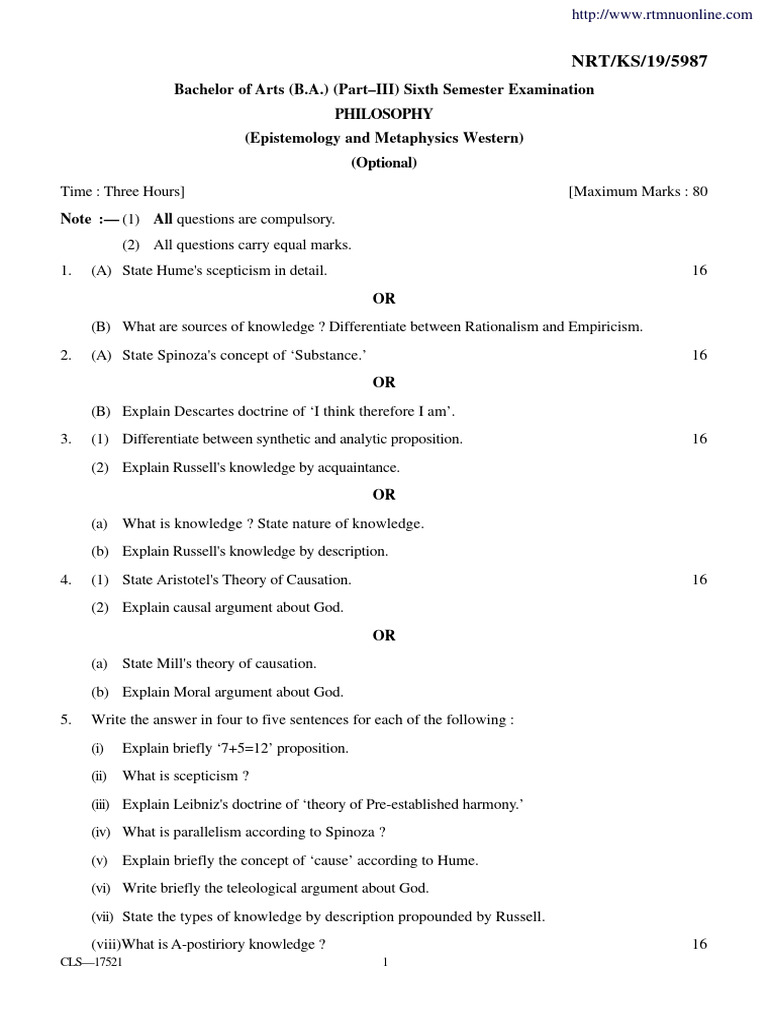 Ba 6 Sem Philosophy Epistemology and Metaphysics Western 5987 Summer ...