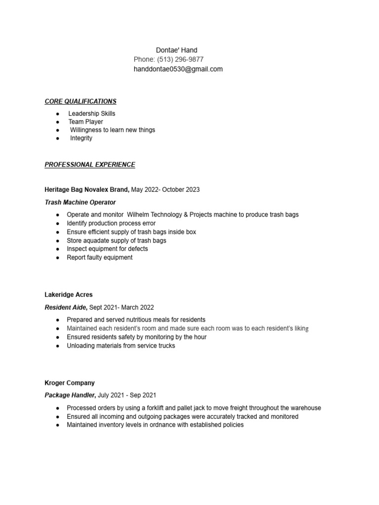 Dontae Hand's Professional Resume | PDF | Warehouse | Electrician