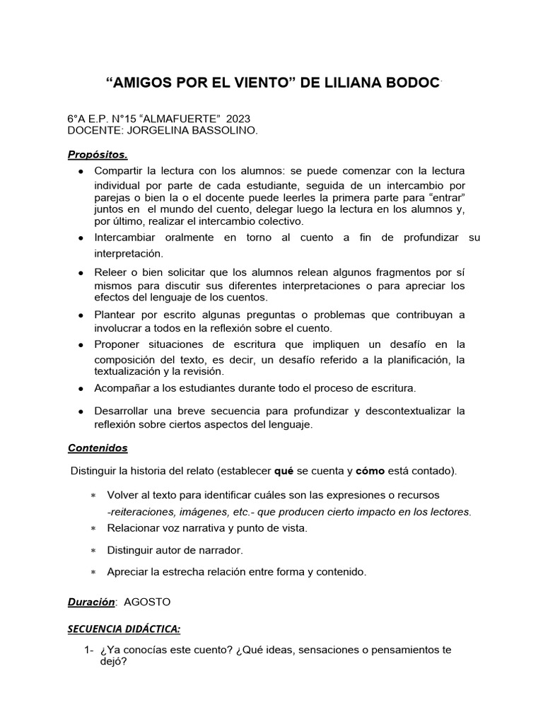 SECUENCIA DIDÁCTICA Amigos Por El Viento 2023 | PDF | Cuentos | Narración