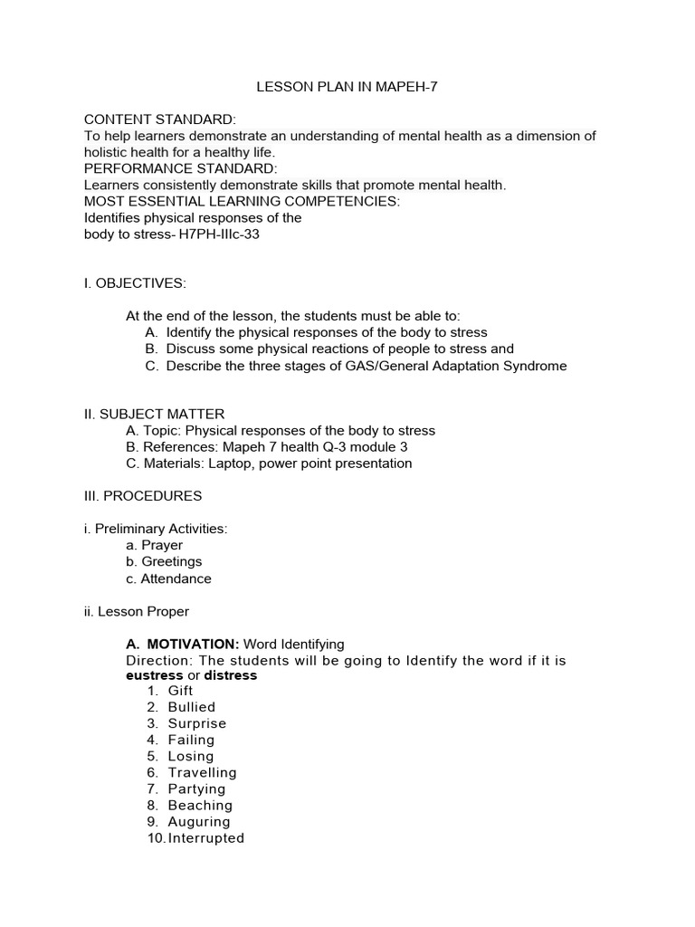 Lesson Plan g7 Physical Responses Stress | Download Free PDF | Stress ...