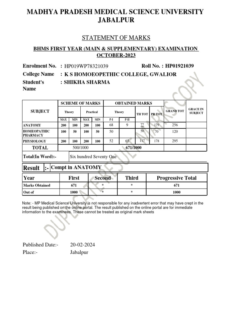 Mpmsu Bhms Fistyyear Marksheet | PDF