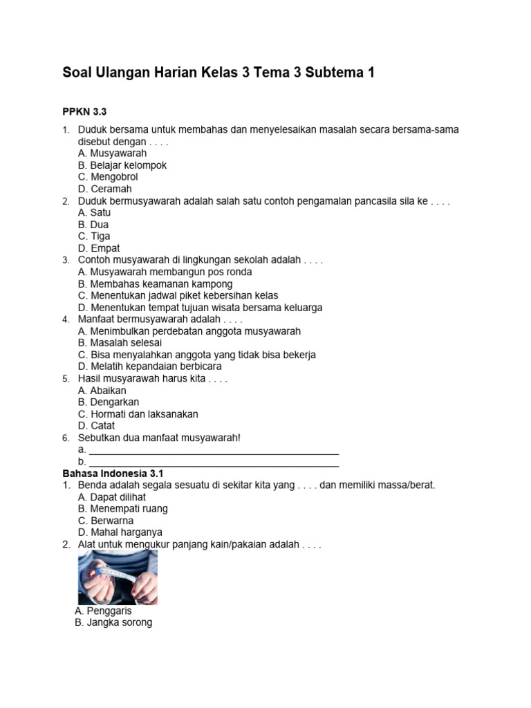 Soal Ulangan Harian Kelas 3 Tema 3 Subtema 1-4 | PDF | Karier & Perkembangan | Griya & Taman