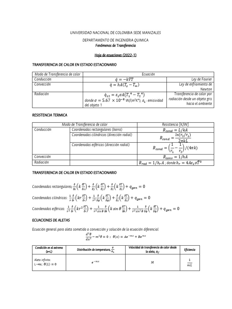 Hoja de Ecuaciones | PDF | Conduccion termica | Transferencia de calor