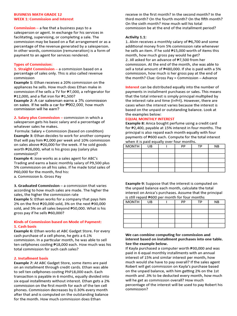 Business Math Grade 12 Week 1 | PDF | Interest | Sales