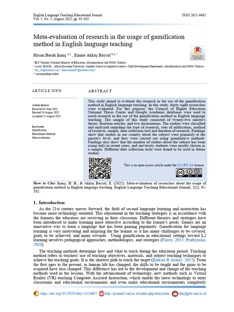 原始Meta-evaluation of research in the usage of gamification method in English language teaching ...