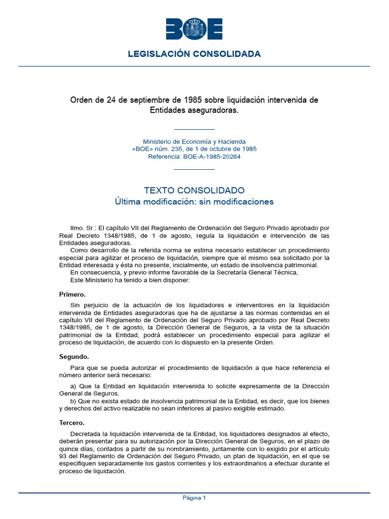 BOE A 1985 20264 Consolidado | PDF | Seguro | Póliza de seguros