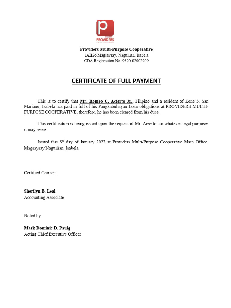 Certificate of Full Payment 2 | PDF
