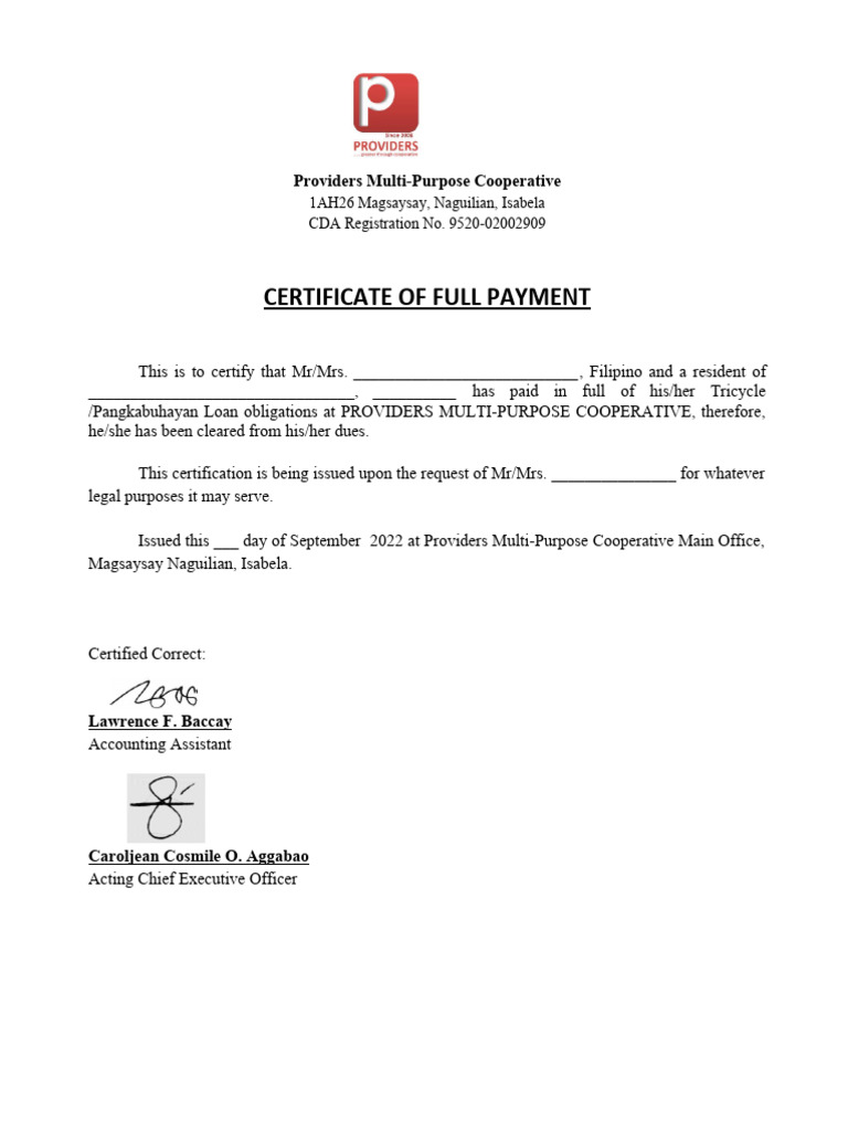 Certificate of Full Payment | PDF | Finance & Money Management