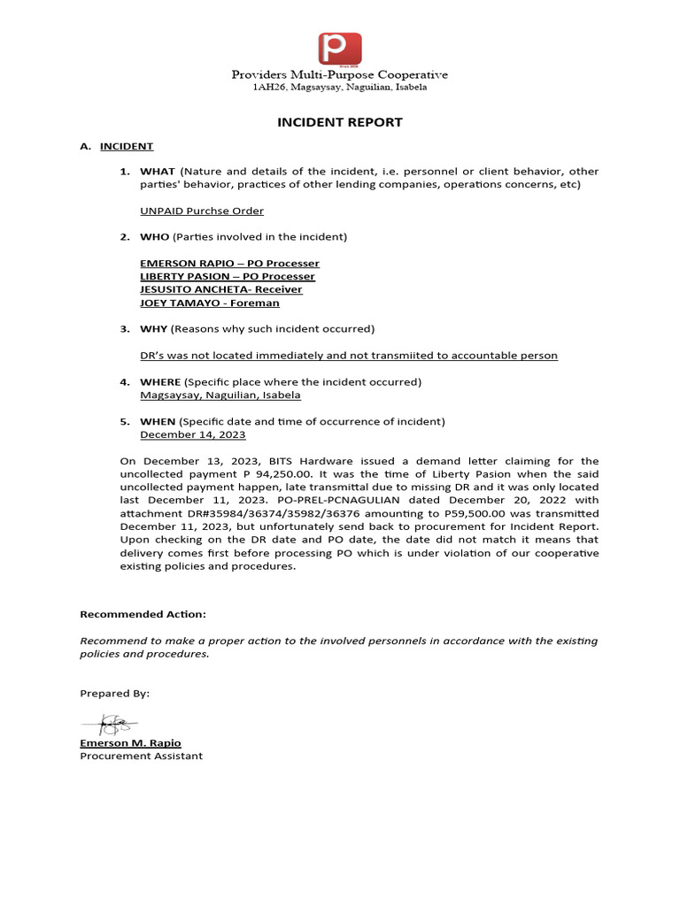 INCIDENT Report - BITS Hardware | PDF