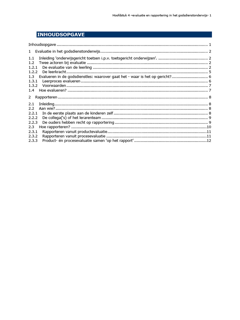 Inhoudsopgave: Hoofdstuk 4 - Evaluatie en Rapportering in Het ...