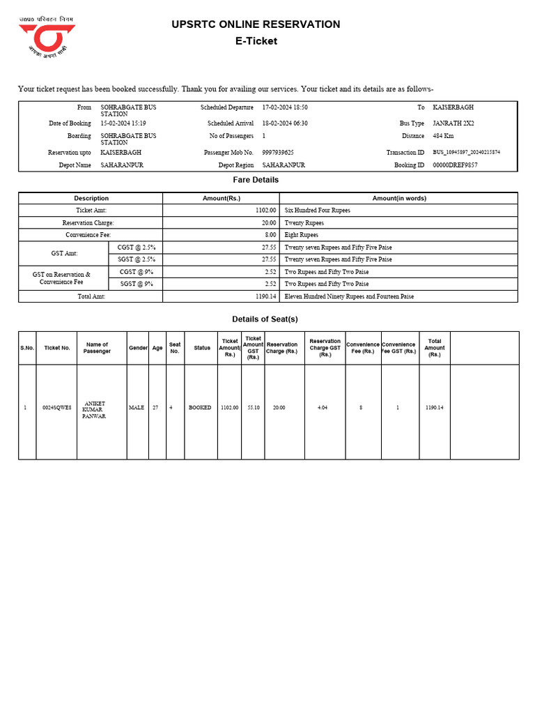 Meerut to Lucknow Bus Ticket Details | PDF | Transport | Public Transport