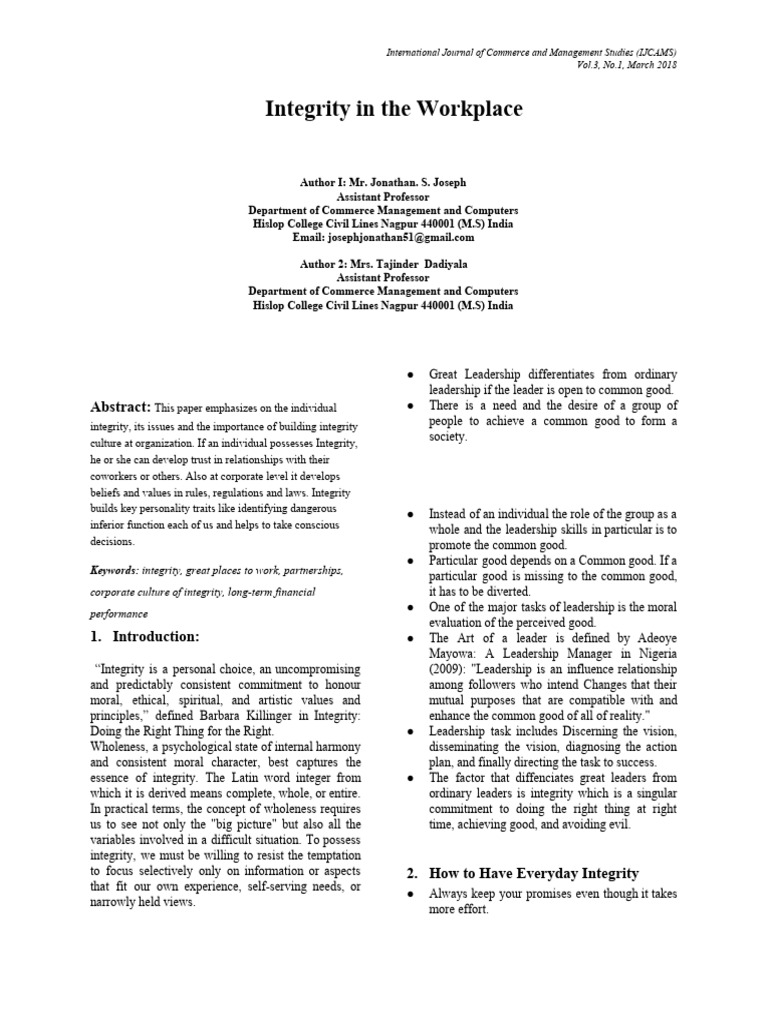 Integrity in The Workplace | PDF | Employment | Integrity