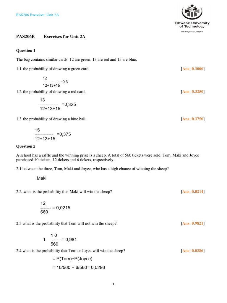 PAS206 Exercises Unit 2A (Answers) | Download Free PDF | Probability | Odds