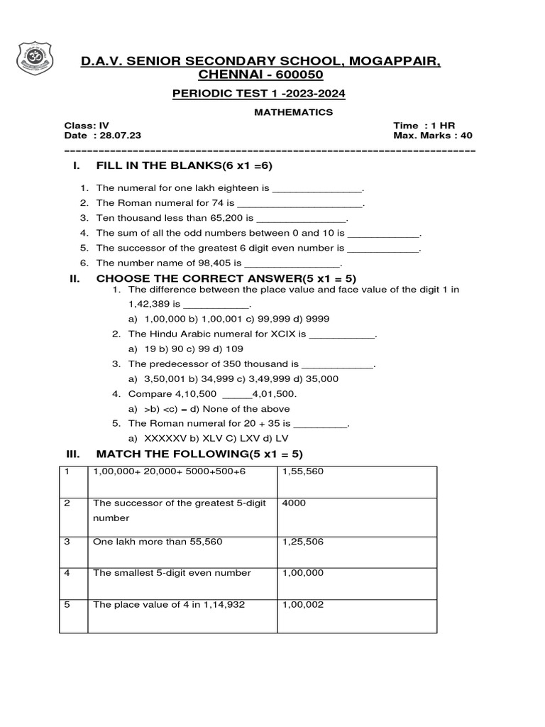 Class 4 Dav Mogap Maths QP PT - 1 28.7.23 | PDF | Mathematics ...