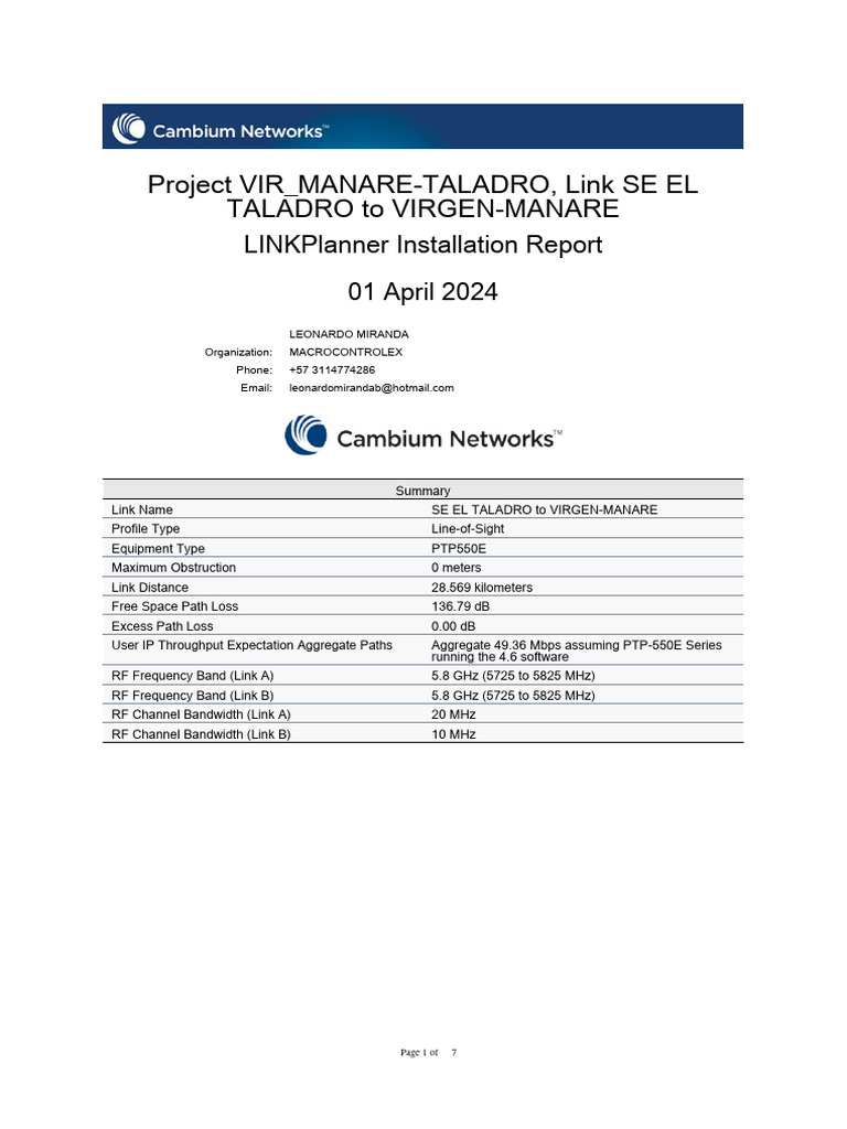 Link - SE EL TALADRO To VIRGEN-MANARE - Installation - Report | PDF | Radio | Bandwidth (Signal ...