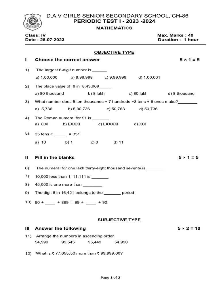 Dav Girls Class 4 PT 1maths QP | PDF | Mathematics | Arithmetic