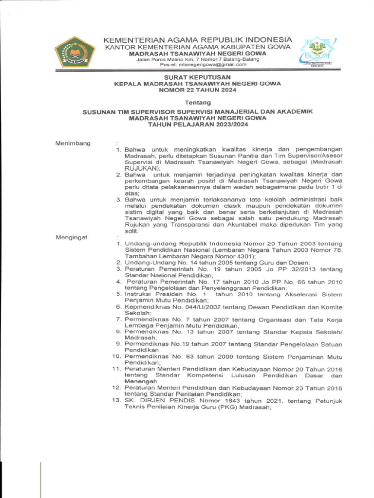 SK TIM SUPERVISI MTSN - 2024 | PDF