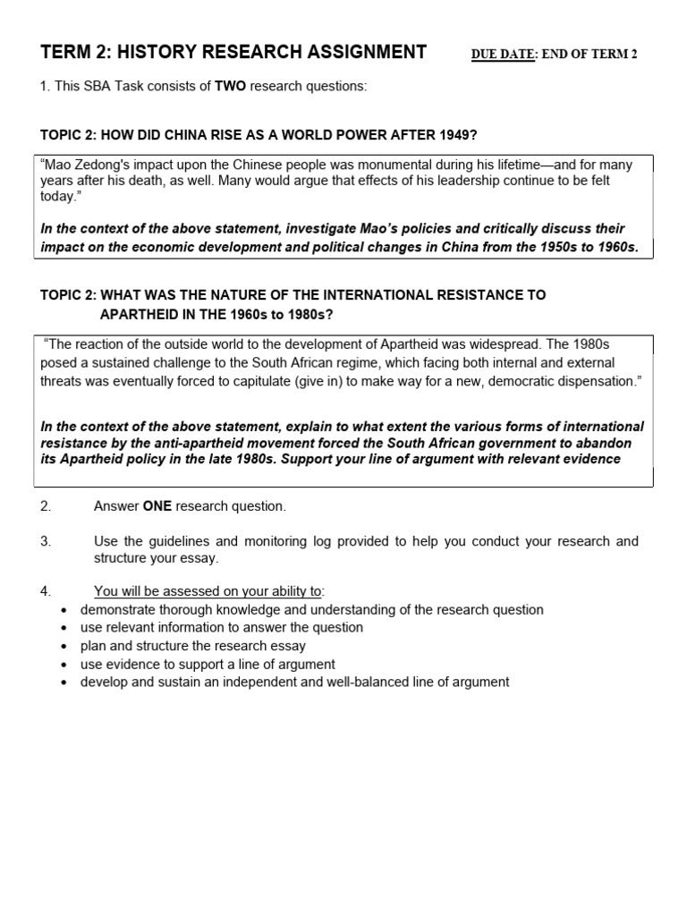 GR 12 History Research Project 2020 | PDF | Apartheid | Mao Zedong