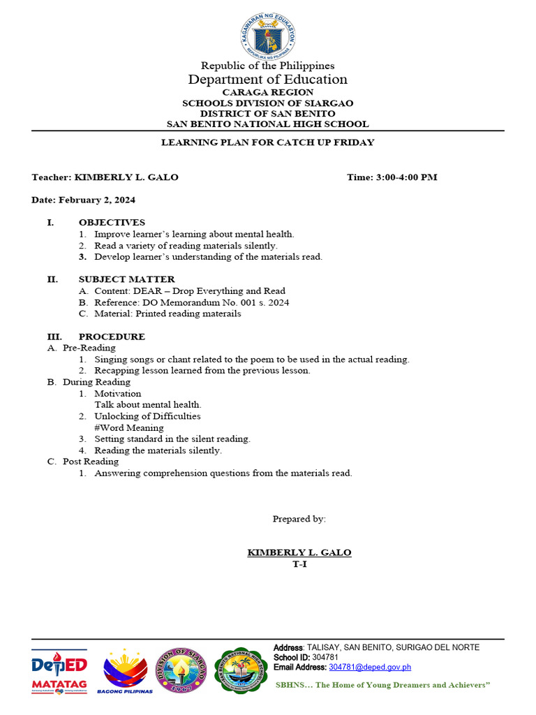 CATCH UP FRIDAY LESSON PLAN Mapeh | PDF | Language Arts & Discipline ...