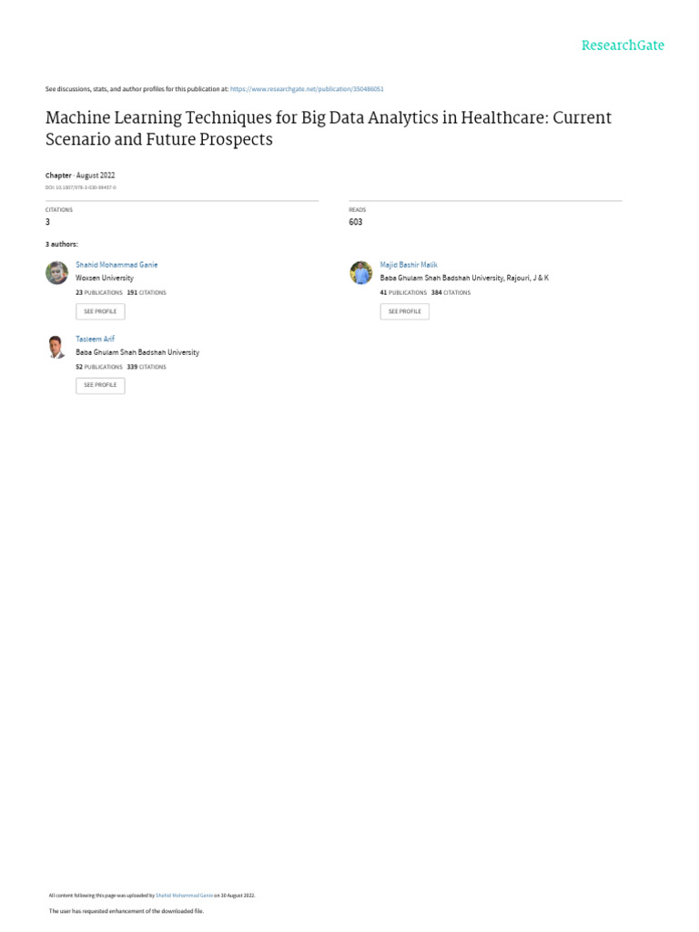 Machinelearning Techniquesfor Big Data Analyticsin Healthcare Current Scenarioand Future ...