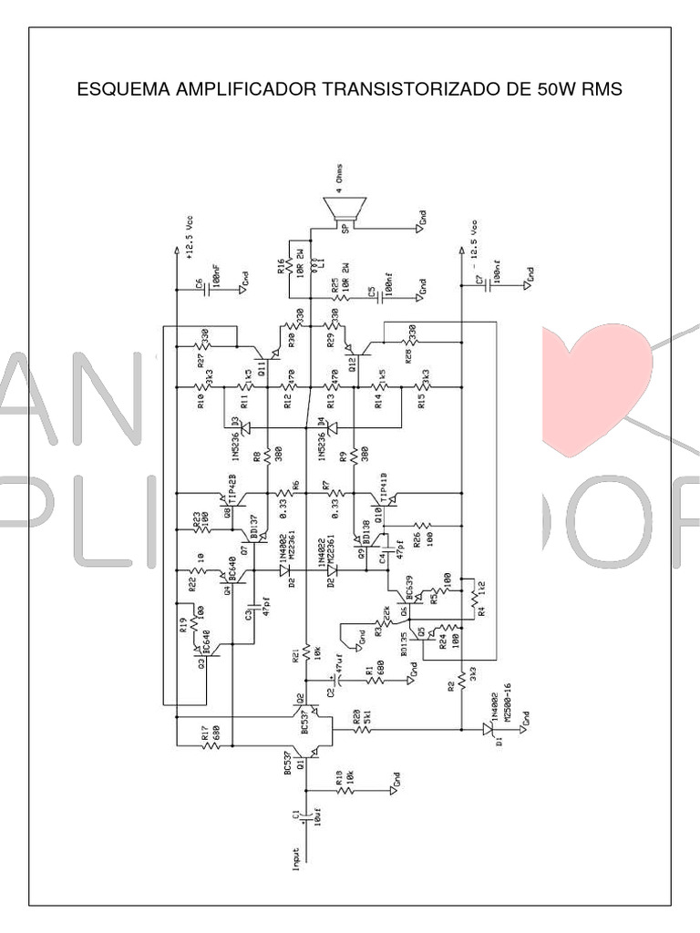 Esquema Amplificador Transistorizado de 50W RMS | PDF | Fonte de energia | Metrologia