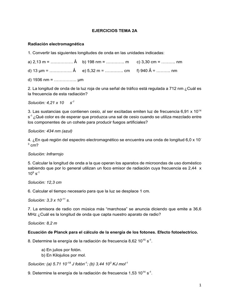 Ejercicios Tema 2A | PDF | Espectro electromagnético | Radiación electromagnética