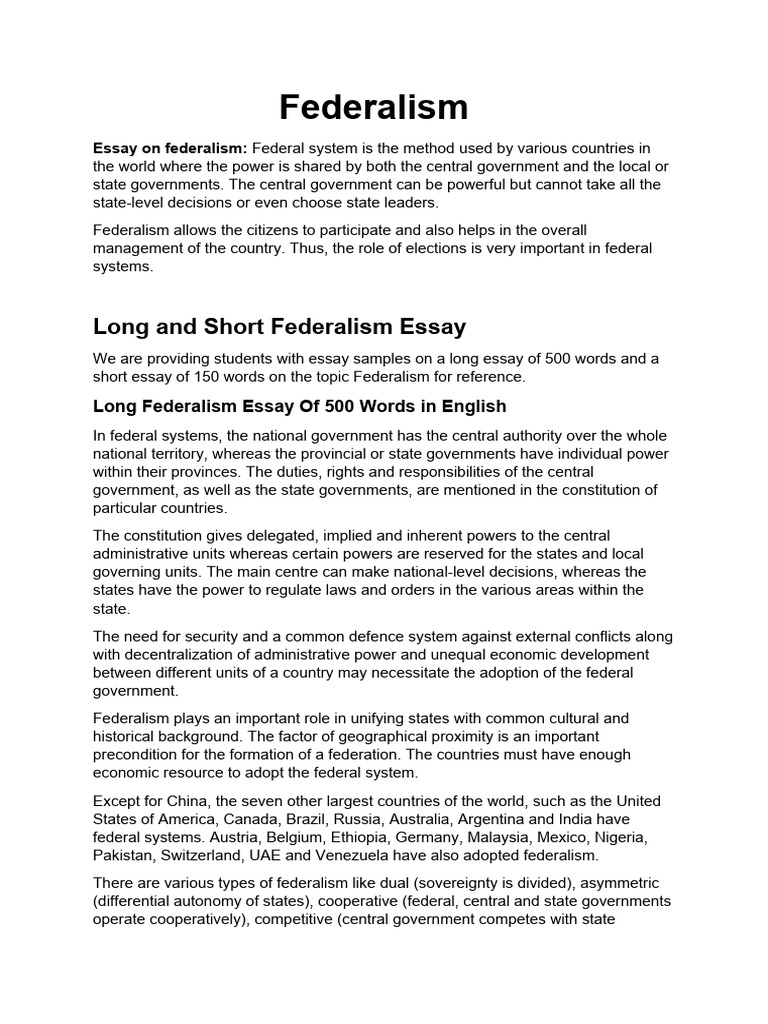 Federalism Essay | PDF | Federalism | Federation