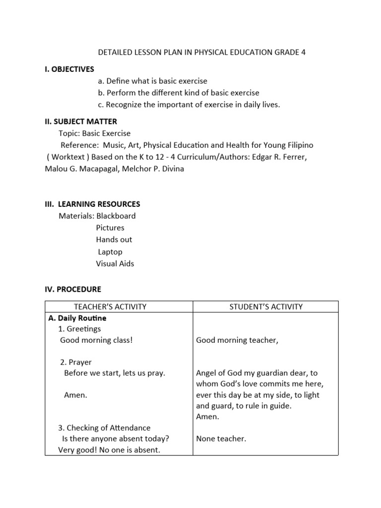 Grade 4 Basic Exercise Lesson Plan | PDF | Physical Exercise | Physical ...
