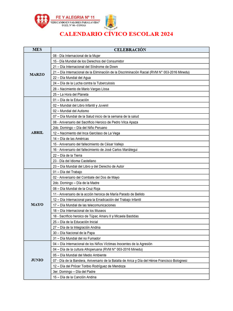 16.-Calendario Cívico Escolar 2024 | PDF | Perú