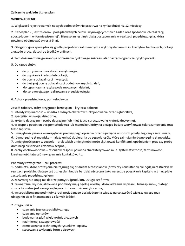 Zaliczenie Wykładu Biznes Plan | PDF