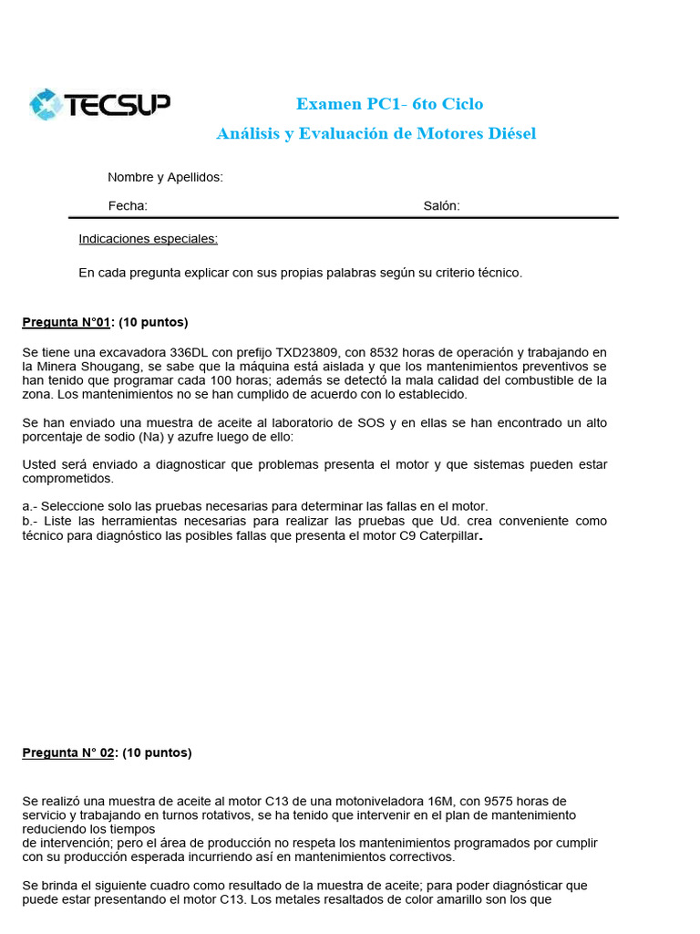 Examen PC1 Análisis y Evaluación Del Motor Diésel | PDF