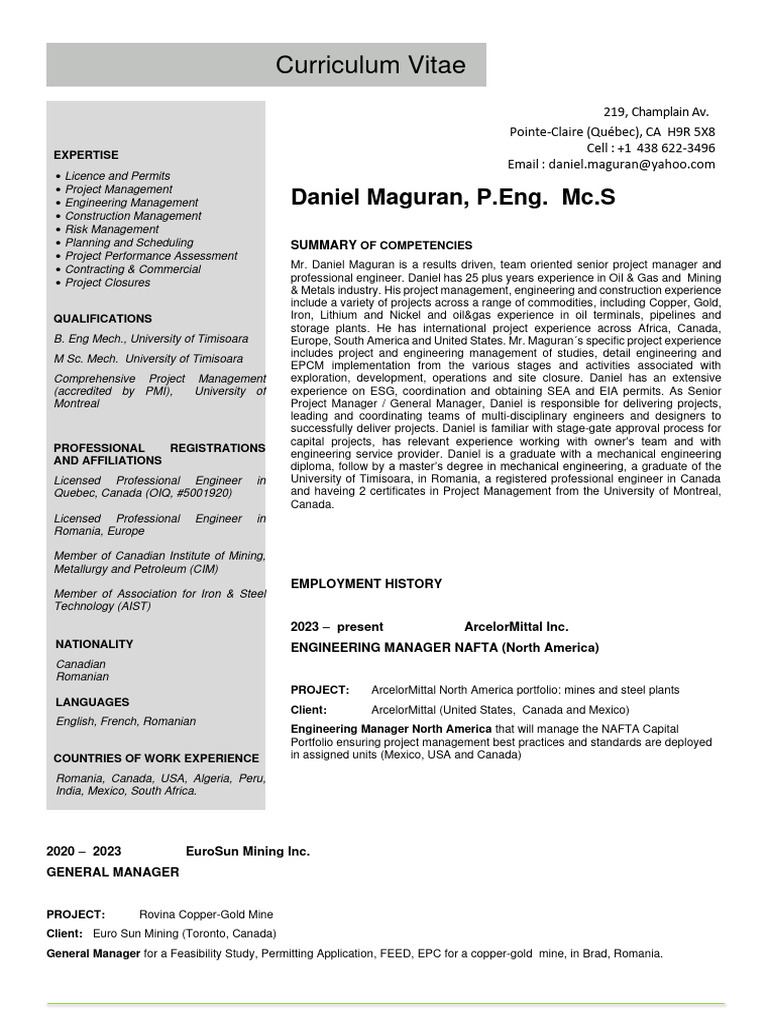 CV Daniel Maguran 2024 | PDF | Mining | Iron Ore