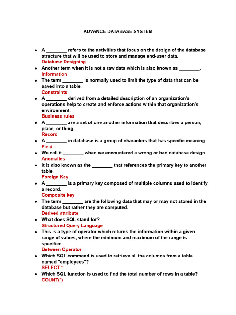 Advance Database System Pdf Relational Database Table Database