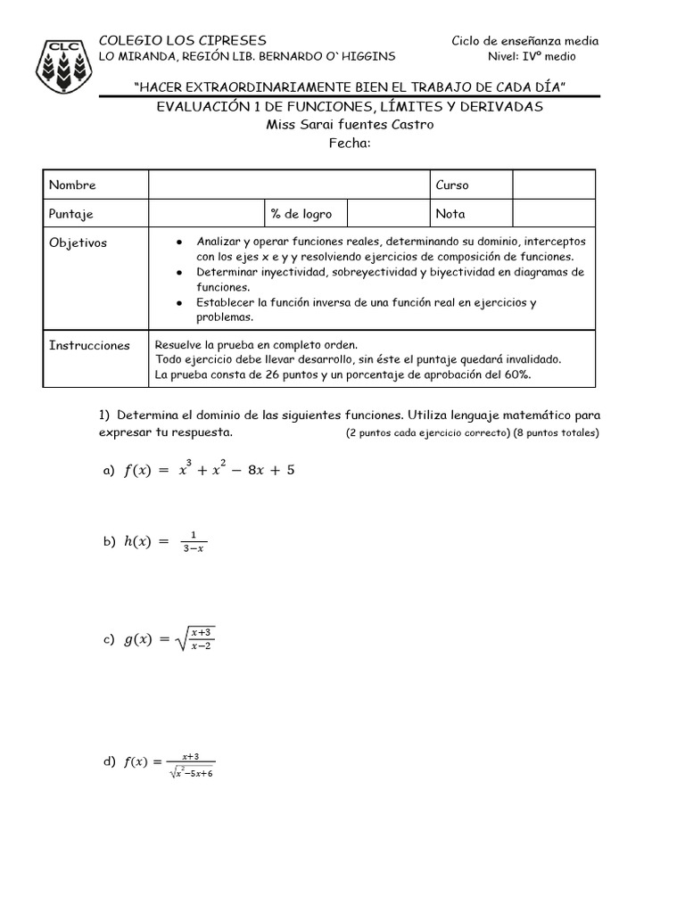 Ev1 Dif Lim | PDF | Función (Matemáticas) | Relaciones matematicas