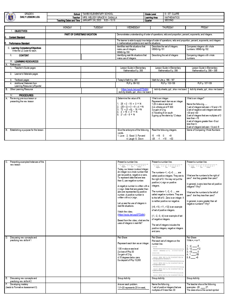 DLL Q2 Math6 Week 7 | PDF | Integer | Numbers