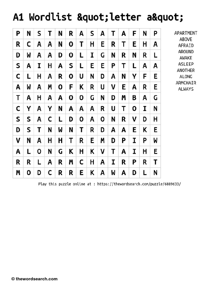 Word Search for Letter A (A1-A1 learners of English) | PDF