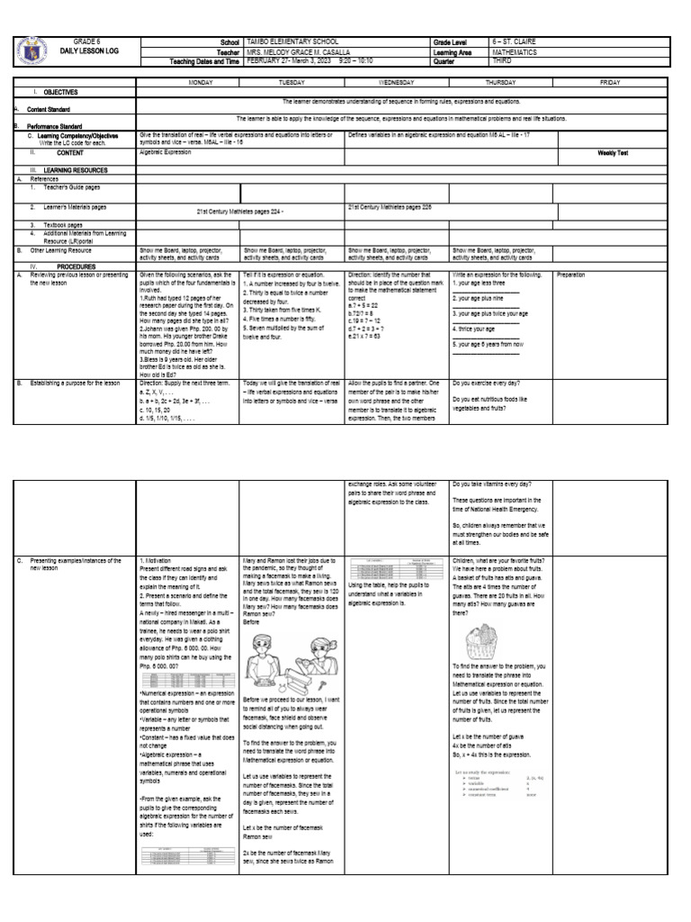DLL Q3 Math6 Week 3 | PDF | Variable (Mathematics) | Algebra