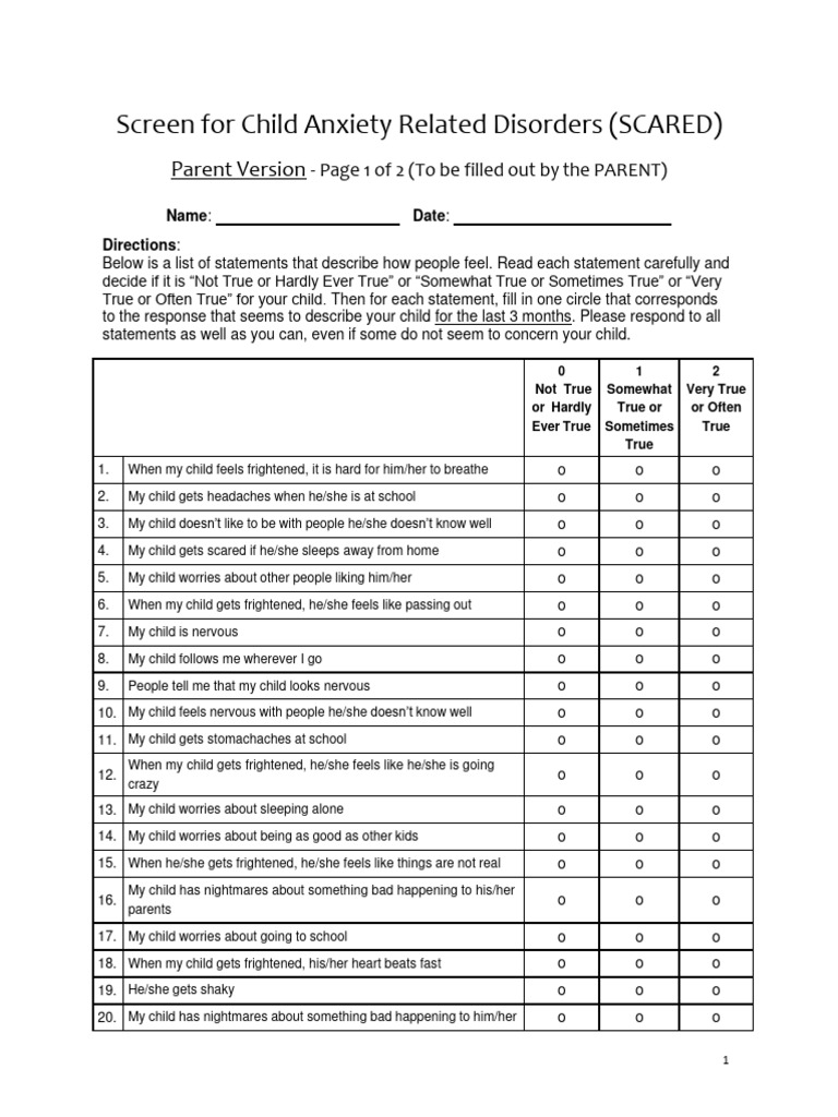 Screen For Childhood Anxiety Related Disorders SCARED Form | PDF | Anxiety | Psychology