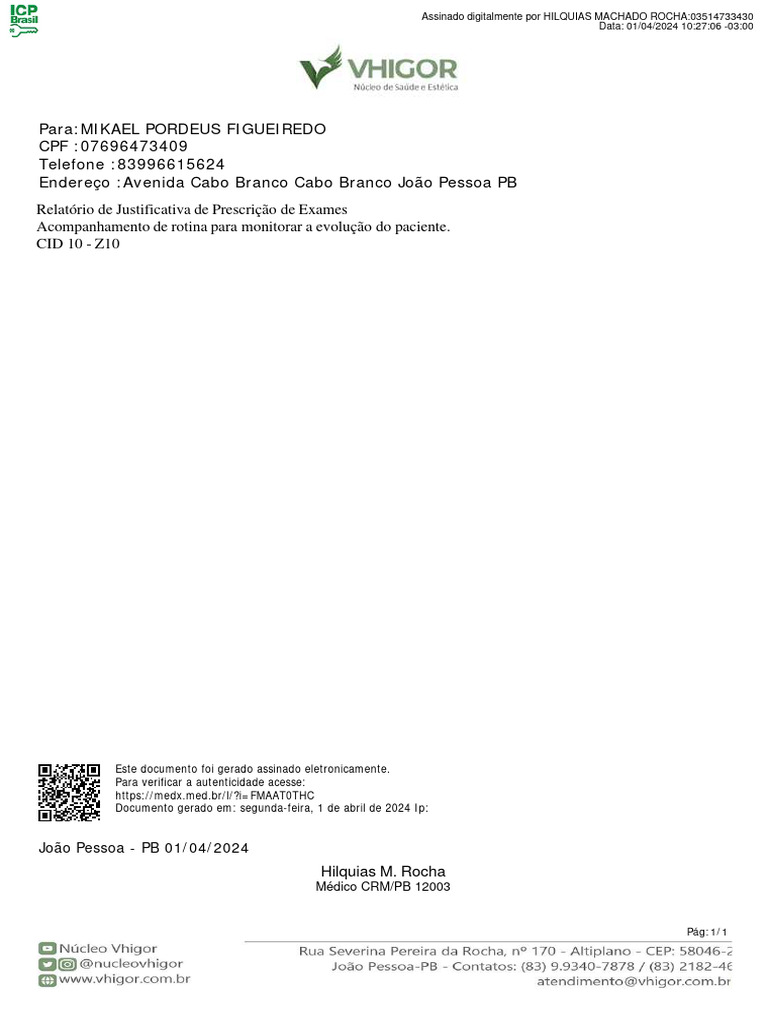 Justificativa de Exames - CID Z10 | PDF