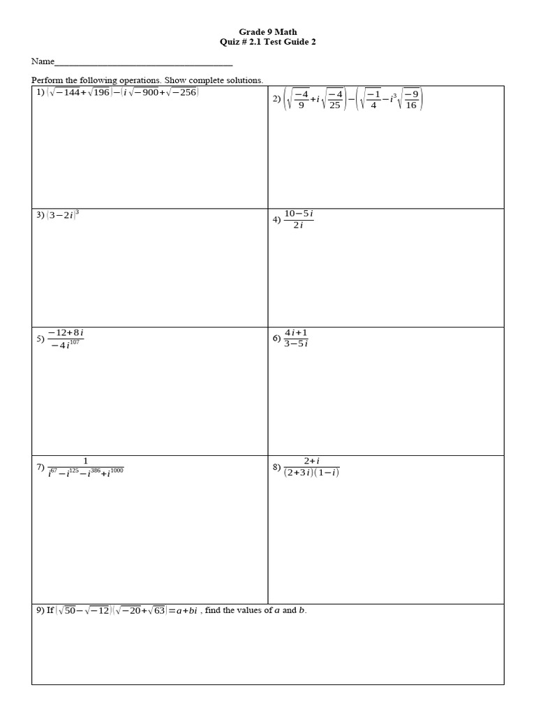 Grade 9 Math Quiz 2.1 Test Guide 2 Complex Numbers | PDF