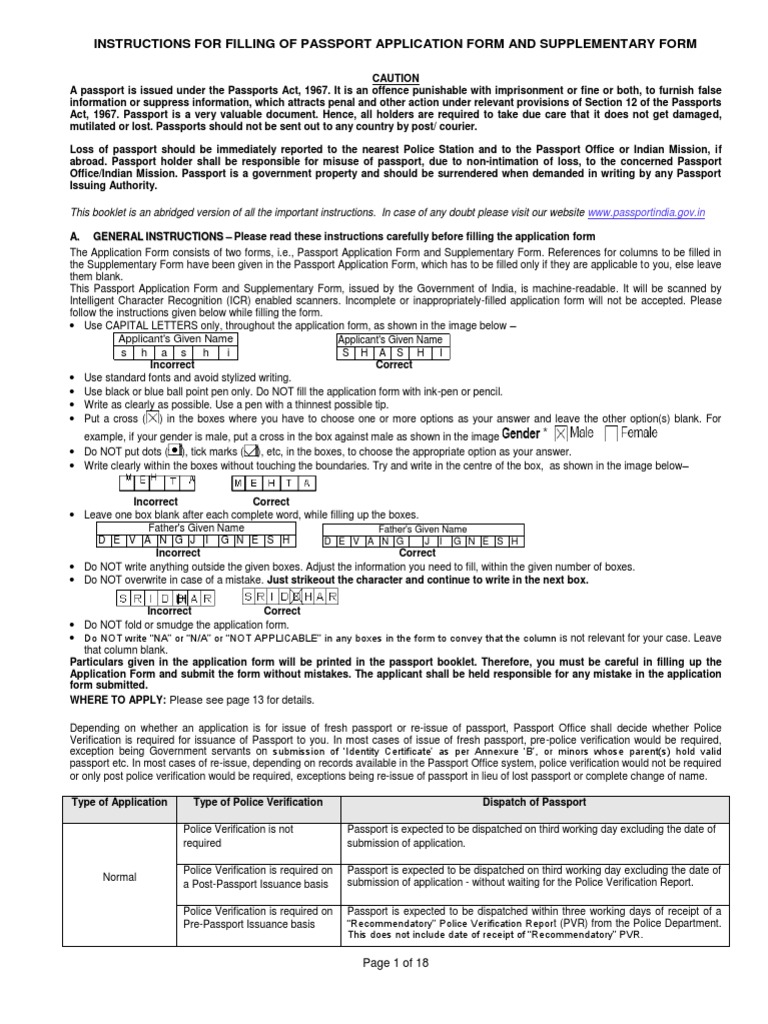 Instructions For Filling of Passport Application Form and Supplementary ...