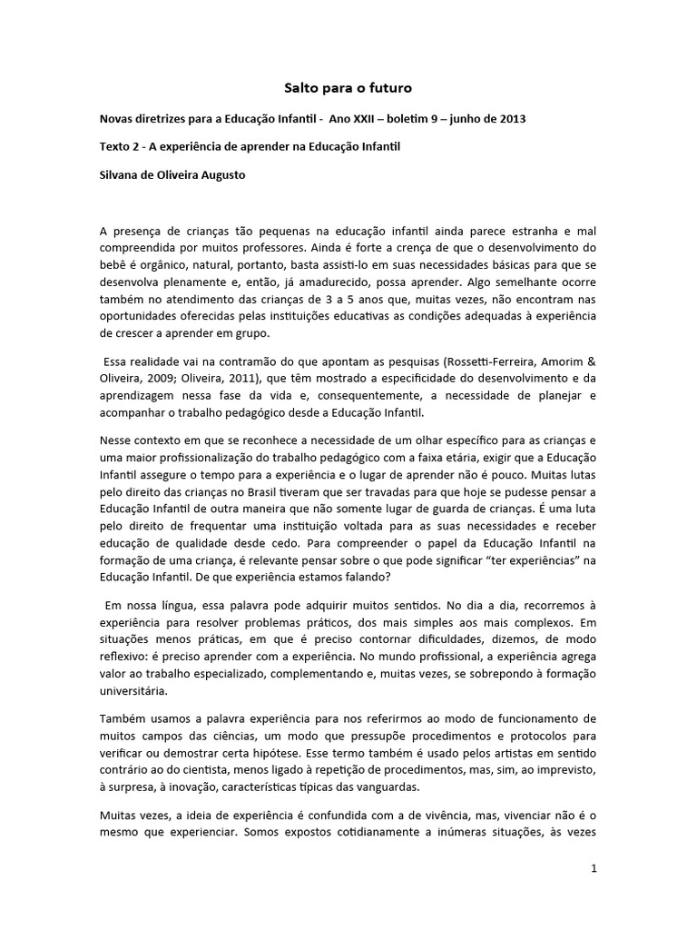 Texto Experiencia de Aprender | PDF | Pré-escola | Aprendizado