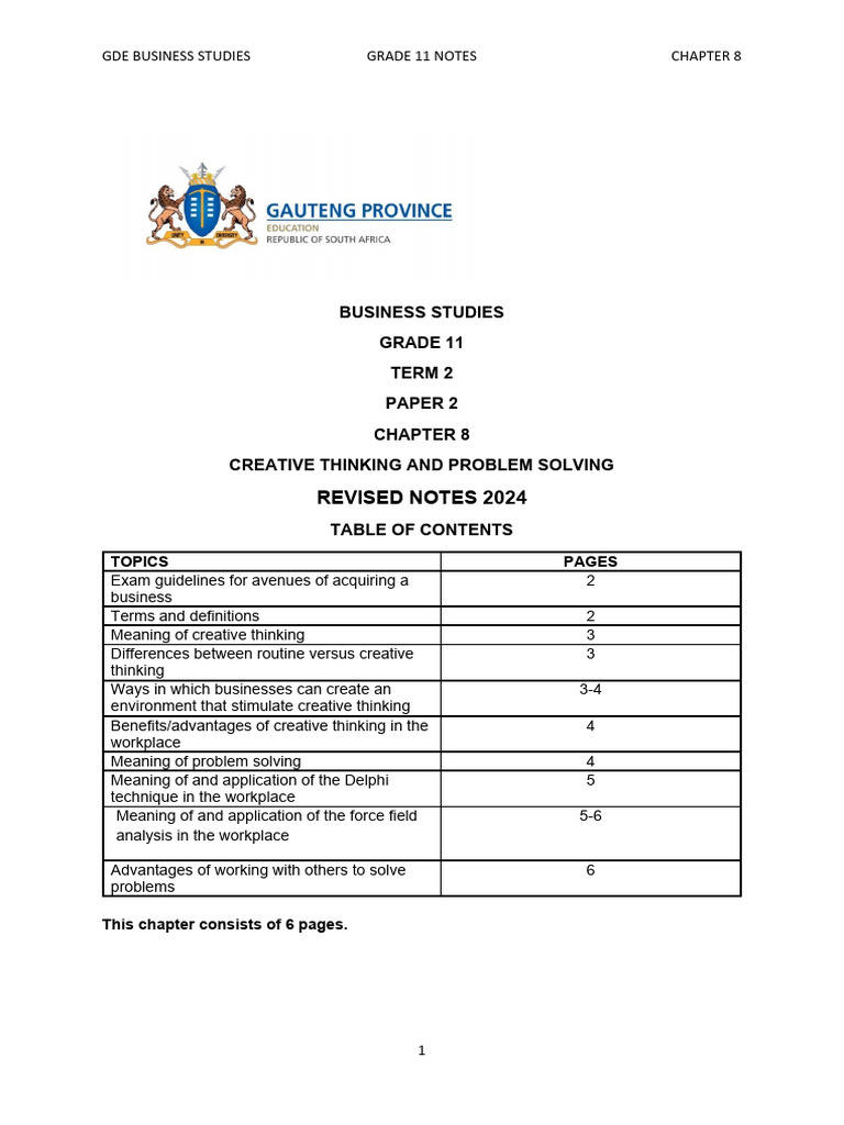 Teachers' Copy 2024 Grade 11 Chapter 8 Creative Thinking Problem ...