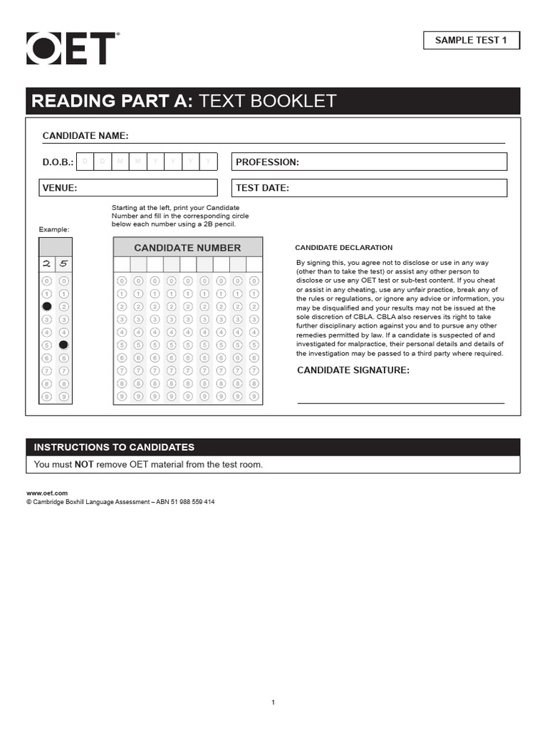 OET Reading Part A: Sample Test Booklet | PDF | Pain Management | Pain