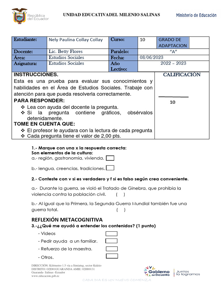 Examen de Nely Collay 10mo A Segundo Quimestre | PDF | Aprendizaje ...