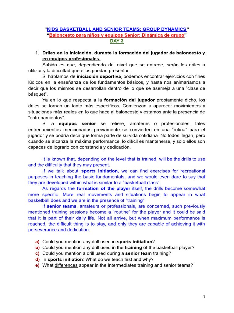 “KIDS BASKETBALL AND SENIOR TEAMS GROUP DYNAMICS” - DAY 3 | PDF