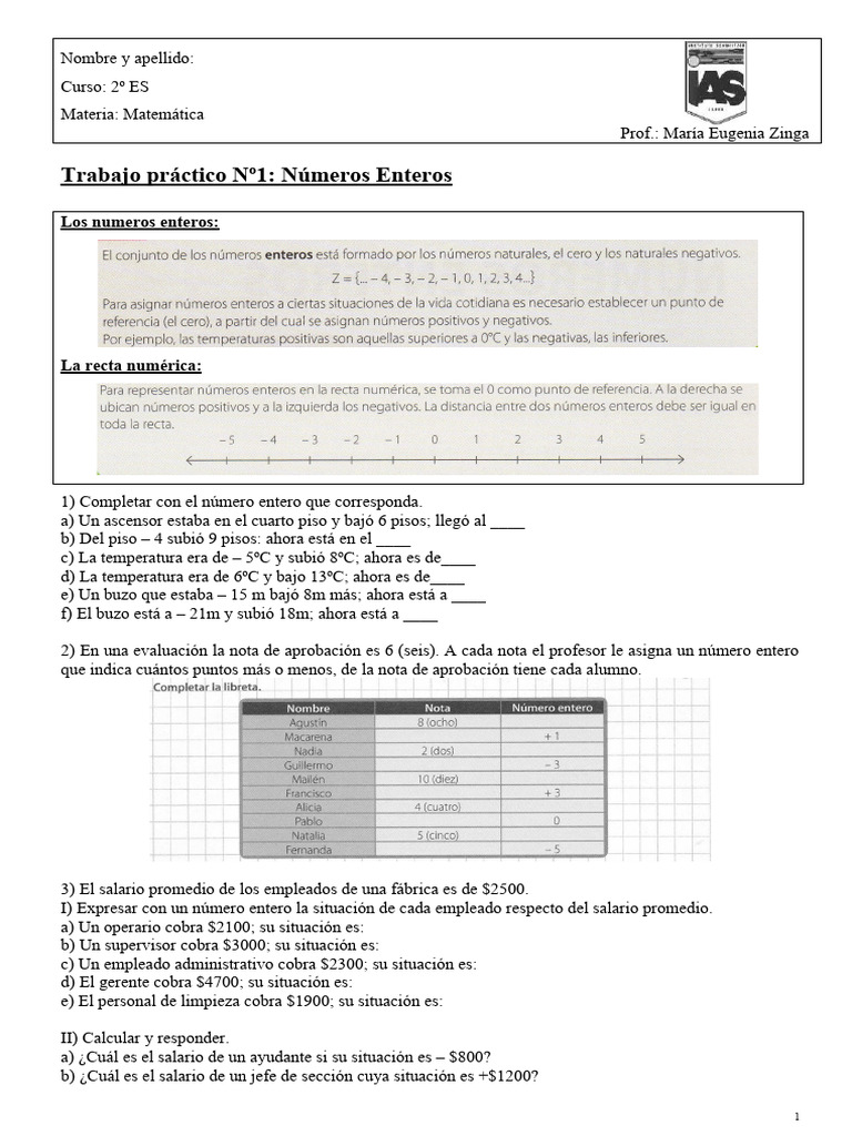 Trabajo Práctico #1 Numeros Enteros | PDF | Métodos y materiales de ...